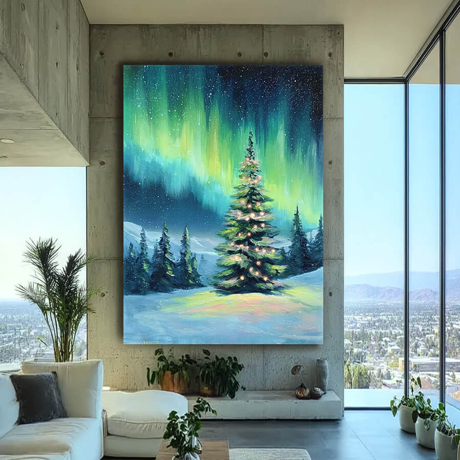 Large Hand-Painted Christmas Tree Oil Painting | Nordic Snow Scene Art ...