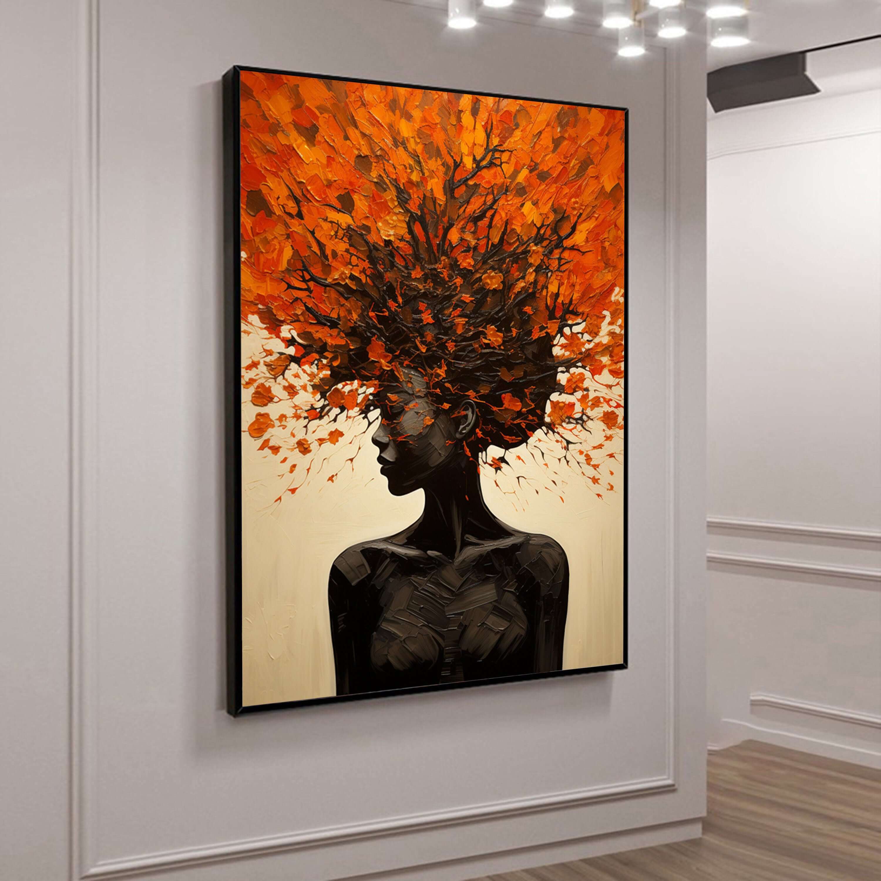 Orange Abstract Portrait with Tree Crown - Modern Vertical Oil Painting ...