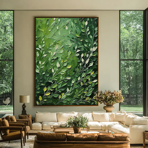 Textured Green Leaf Oil Painting | Modern Impasto Forest Wall Art ...
