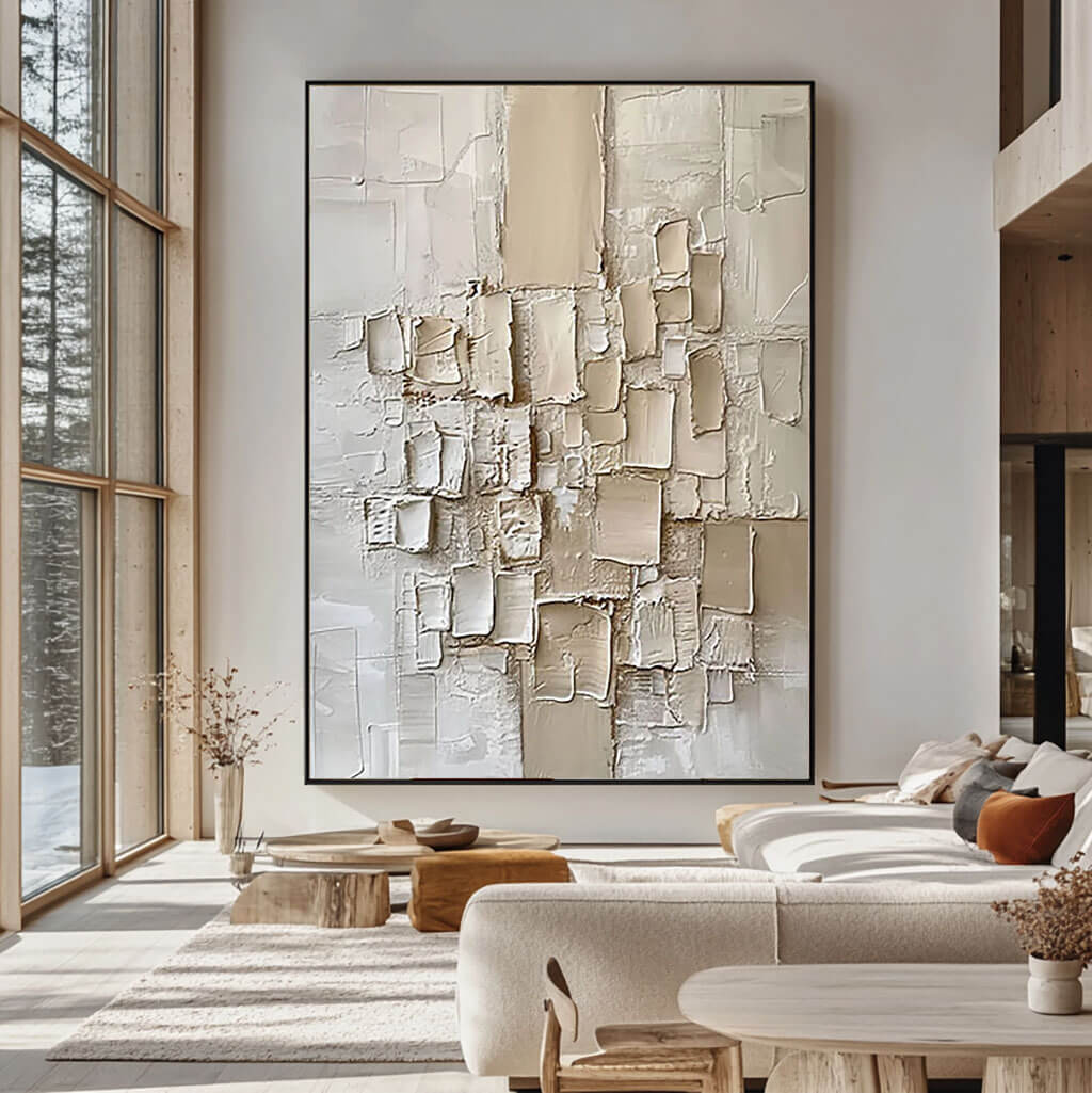Textured Neutral Abstract Painting - Modern Beige Vertical Canvas Wall ...